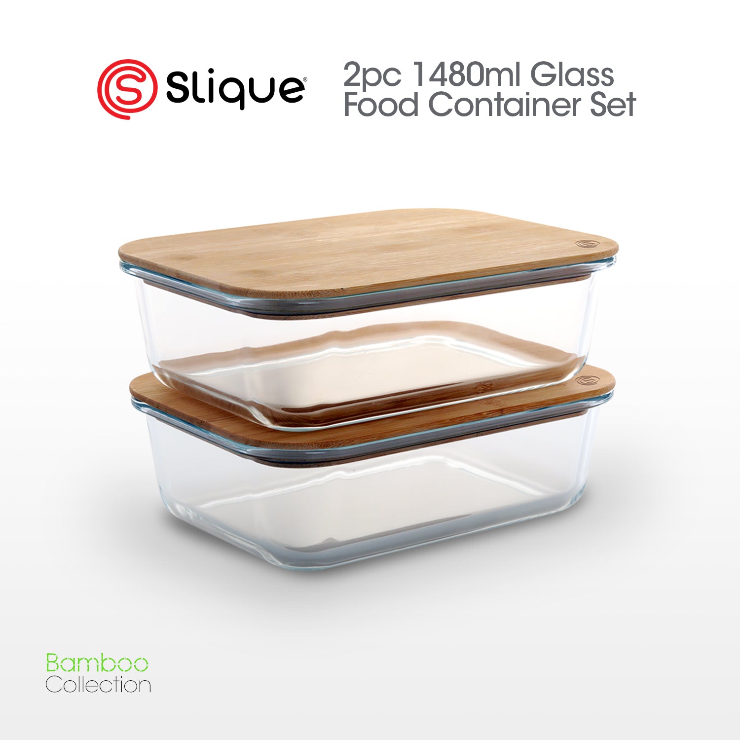 SLIQUE Food Container [Set of 2] Borosilicate Glass, Bamboo lid with S ...