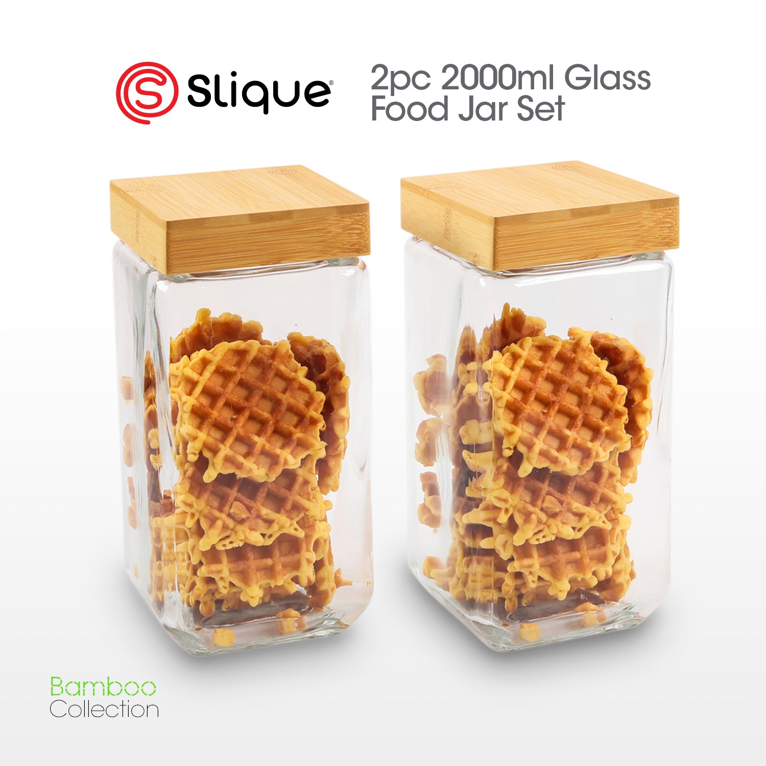 SLIQUE Food Jar [Set of 2] Soda Lime Glass, Bamboo lid with PE seal ri ...